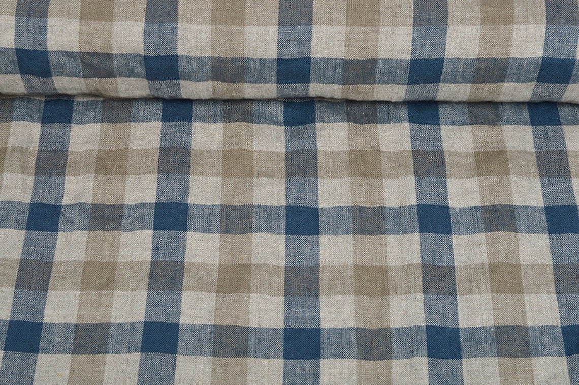 Checked Pure Linen Fabric, Blue Brown Beige Gingham Checked Linen, 200 ...