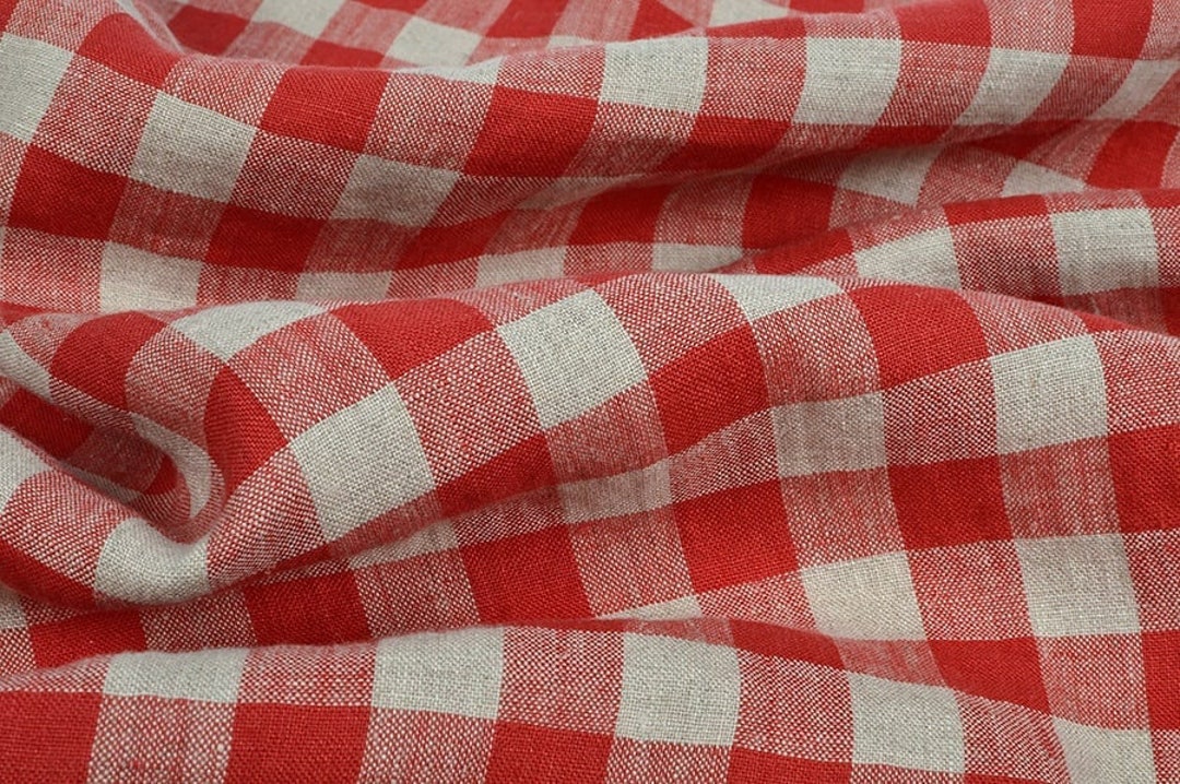 Checked Pure Linen Fabric, Red Beige Gingham Checked Linen, 200 GSM ...