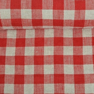 Checked Pure Linen Fabric, Red Beige Gingham Checked Linen, 200 GSM ...