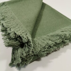 Linen Cotton Blend Blanket, Fringed Blanket, Mossy Green Linen Throw ...