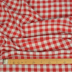 Checked Pure Linen Fabric, Red Beige Gingham Checked Linen, 200 GSM ...