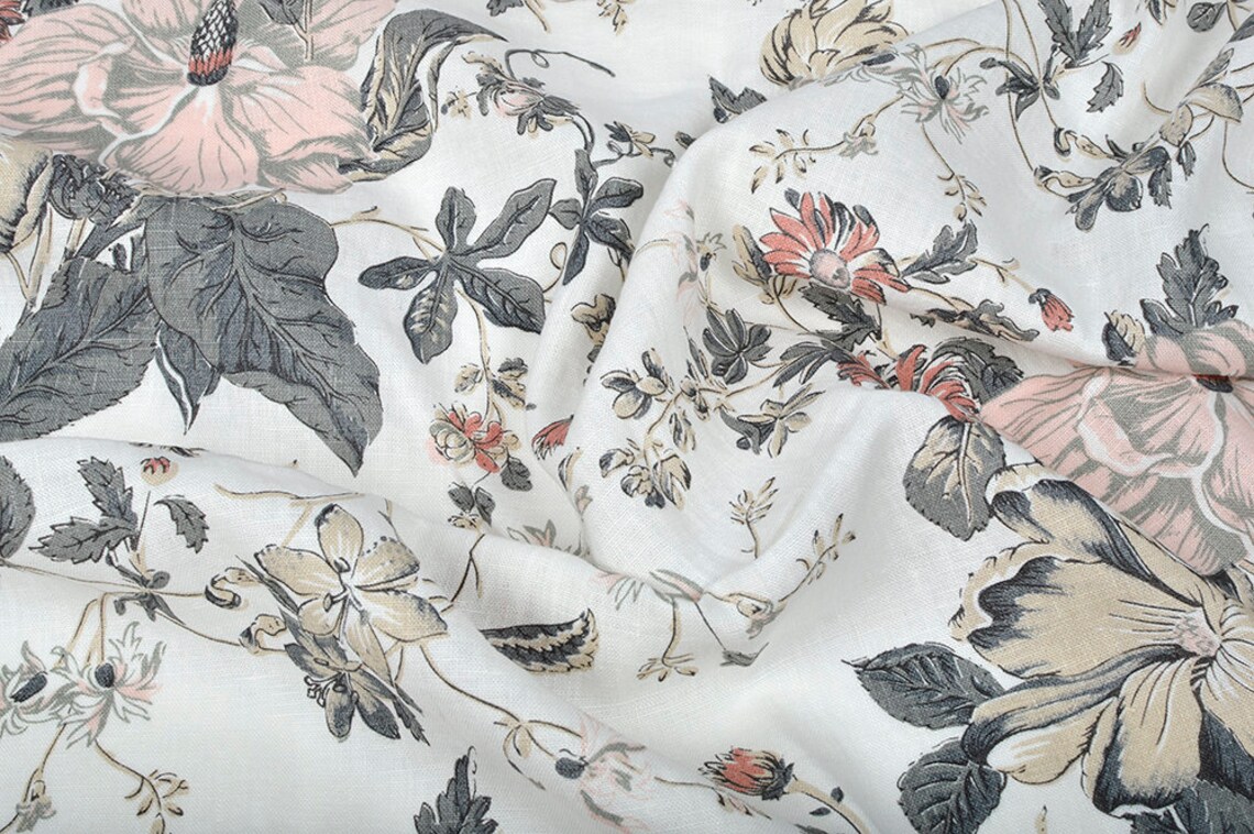 Softened Floral Pattern Linen Fabric Medium Weight Linen With | Etsy