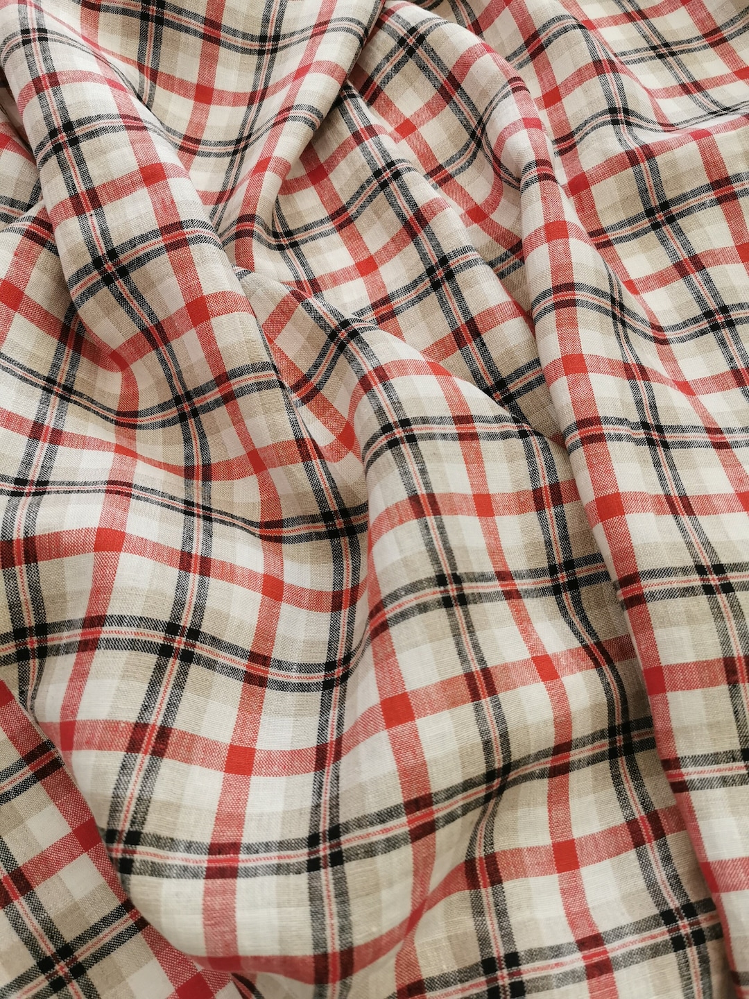 Tissu pur lin à carreaux, lin écossais blanc rouge noir, 200 g/m² ...