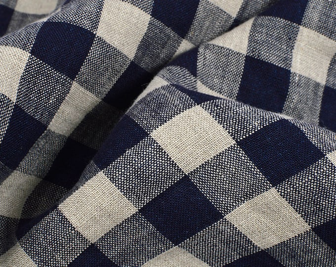 Checked Pure Linen Fabric, Blue Beige Gingham Checked Linen, 200 GSM ...