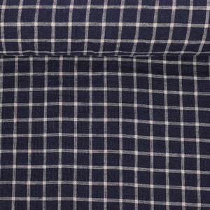 Checked Pure Linen Fabric, Navy Blue White Grid Checked Linen, 200 GSM ...