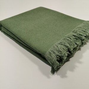 Linen Cotton Blend Blanket, Fringed Blanket, Mossy Green Linen Throw ...