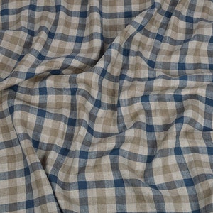 Checked Pure Linen Fabric, Blue Brown Beige Gingham Checked Linen, 200 ...