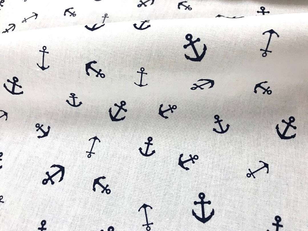 LAST PIECE! White Cotton Fabric With Black Anchors, Anchor Pattern ...