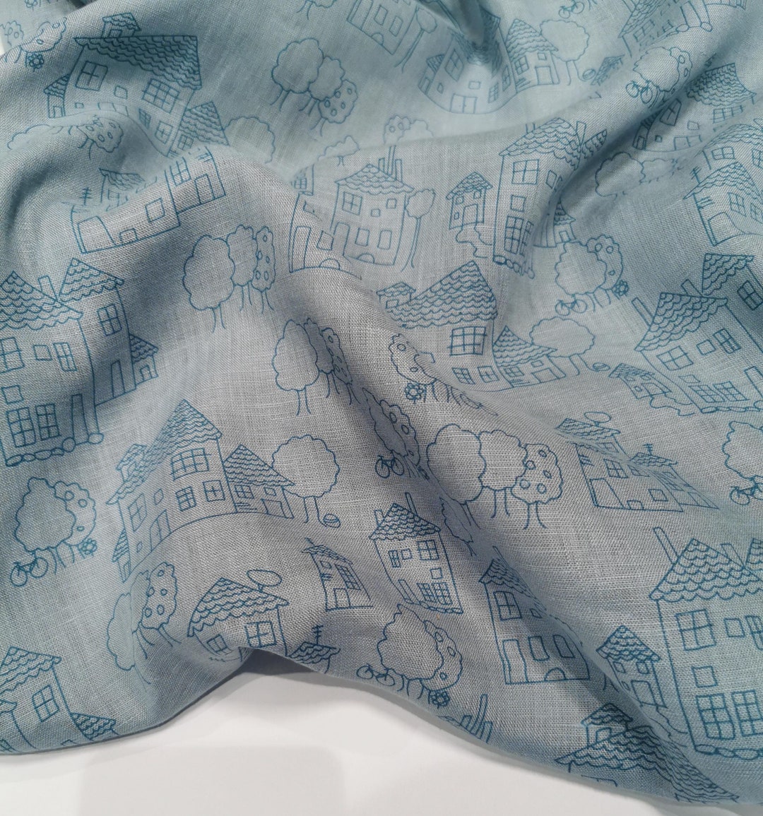 Softened Pure Linen Fabric, House Pattern on Grayish Blue Background ...