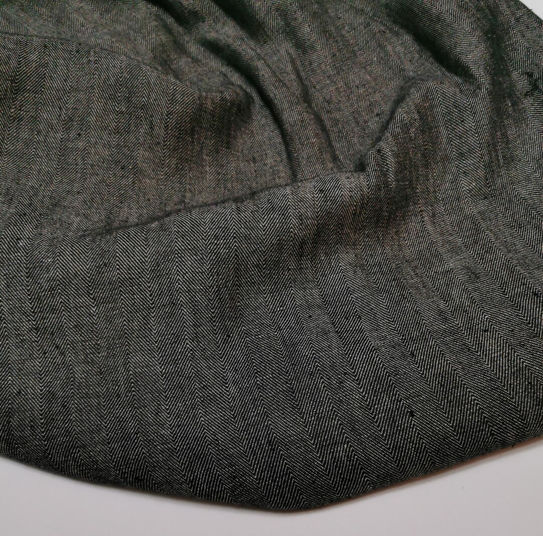 Softened Pure Linen Fabric, Black Natural Herringbone Linen Fabric ...