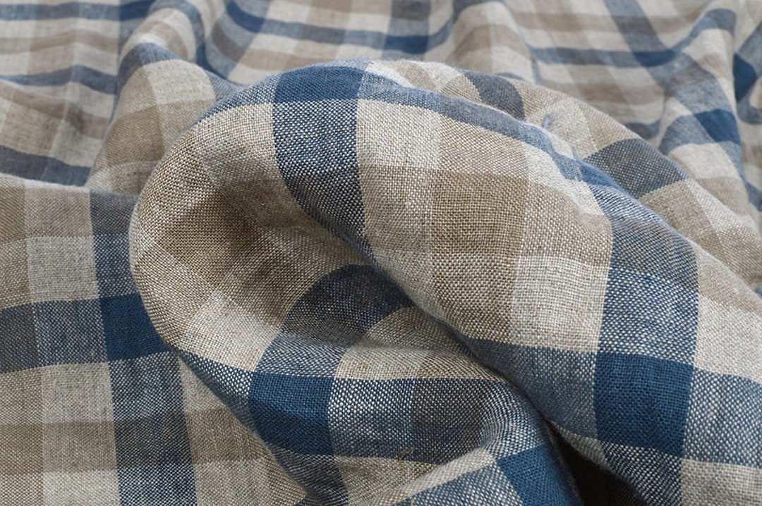 Checked Pure Linen Fabric, Blue Brown Beige Gingham Checked Linen, 200 ...