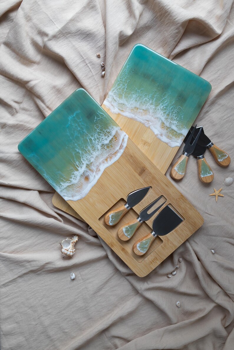 Bamboo Cheeseboard Set With Ocean Wave Design – Perfect Charcuterie Board & Gift | Resin Wood ...