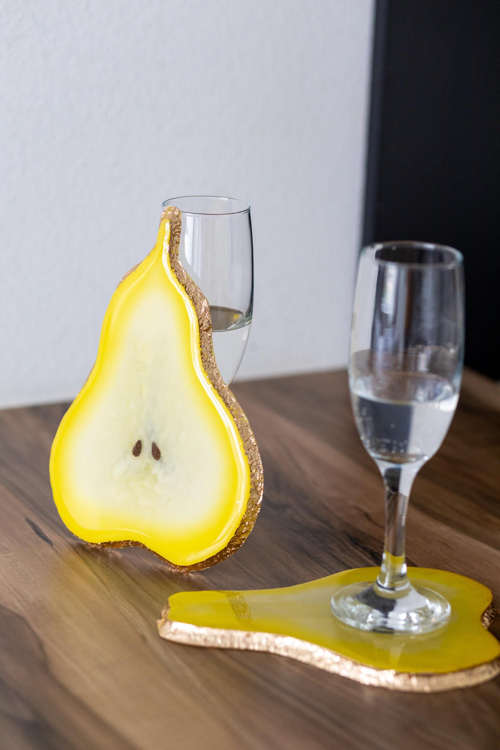 Yellow Resin Pear Coasters: Handmade Gold Glitter Trim Home Decor - Etsy