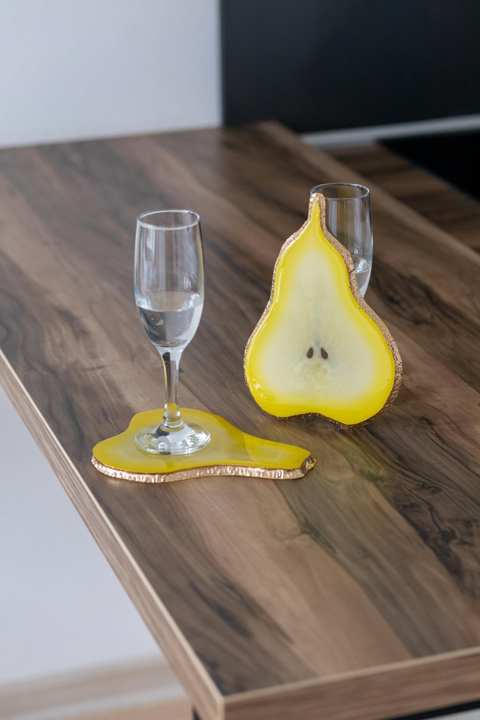 Yellow Resin Pear Coasters: Handmade Gold Glitter Trim Home Decor - Etsy