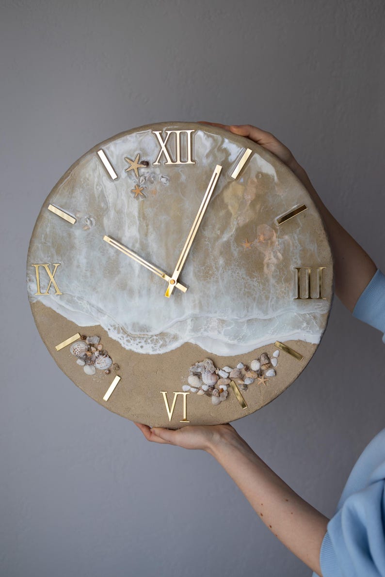 Beach Resin Wall Clock With Gold Roman Numerals – Handmade Ocean ...