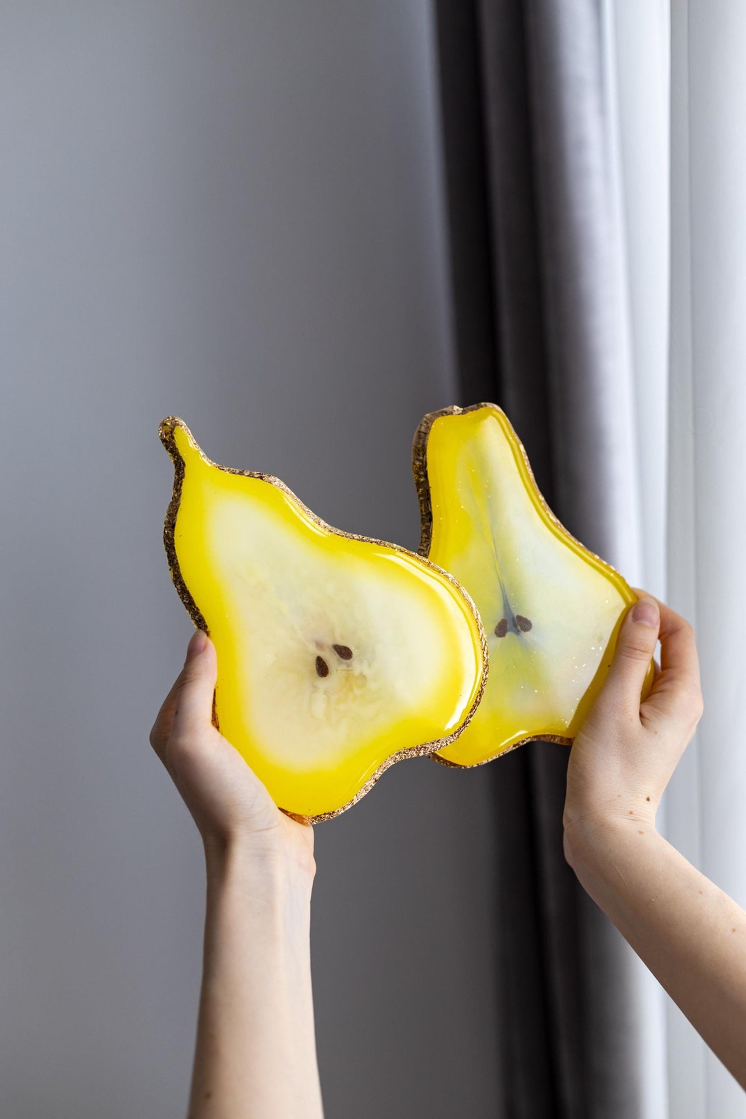 Yellow Resin Pear Coasters: Handmade Gold Glitter Trim Home Decor - Etsy