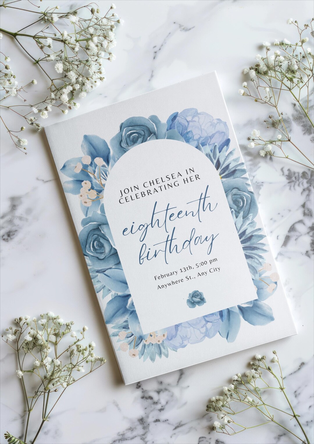 Elegant Blue Flowers Invitation, Modern Birthday Invitation, Blue and ...