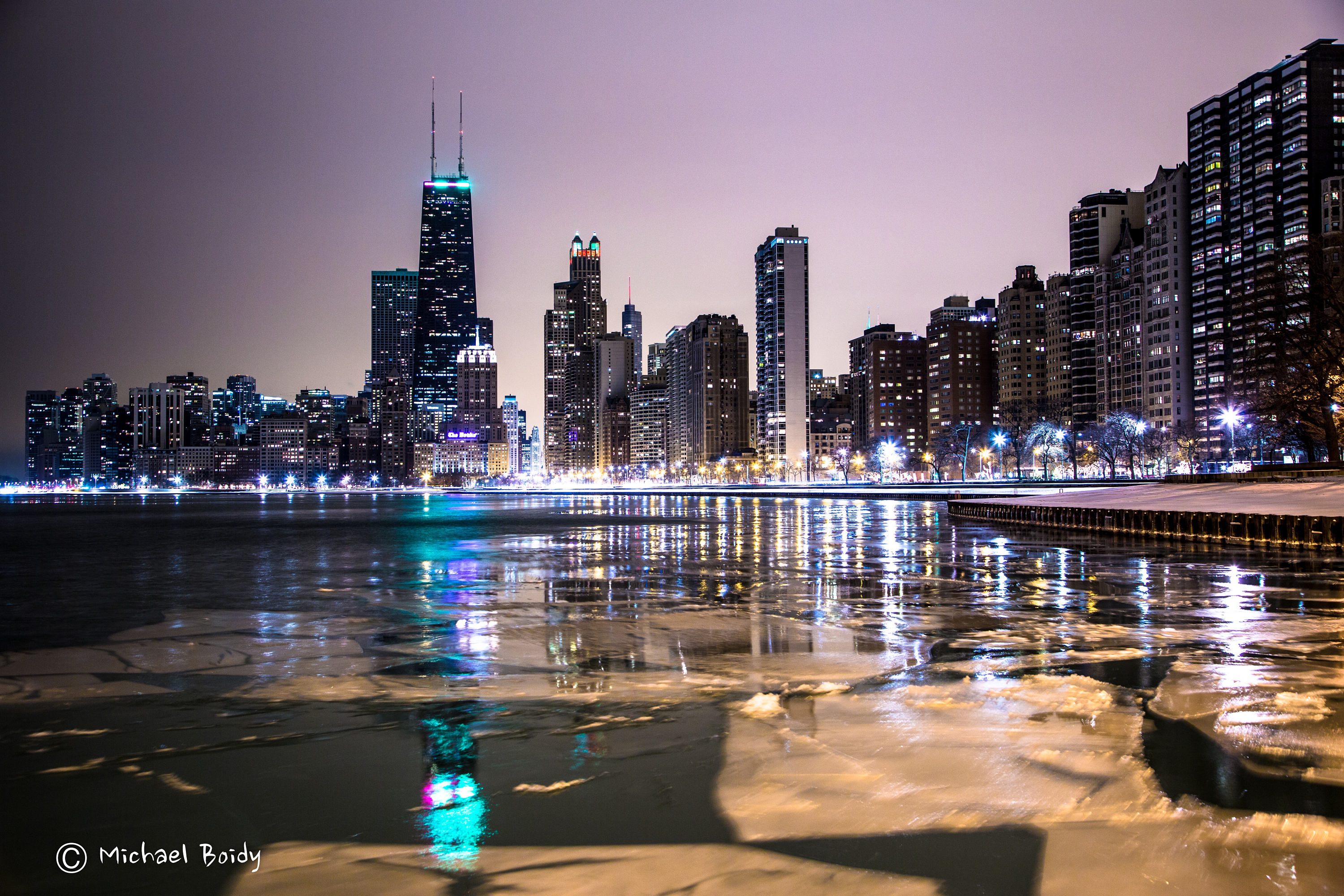 Chicago Skyline At Night Winter