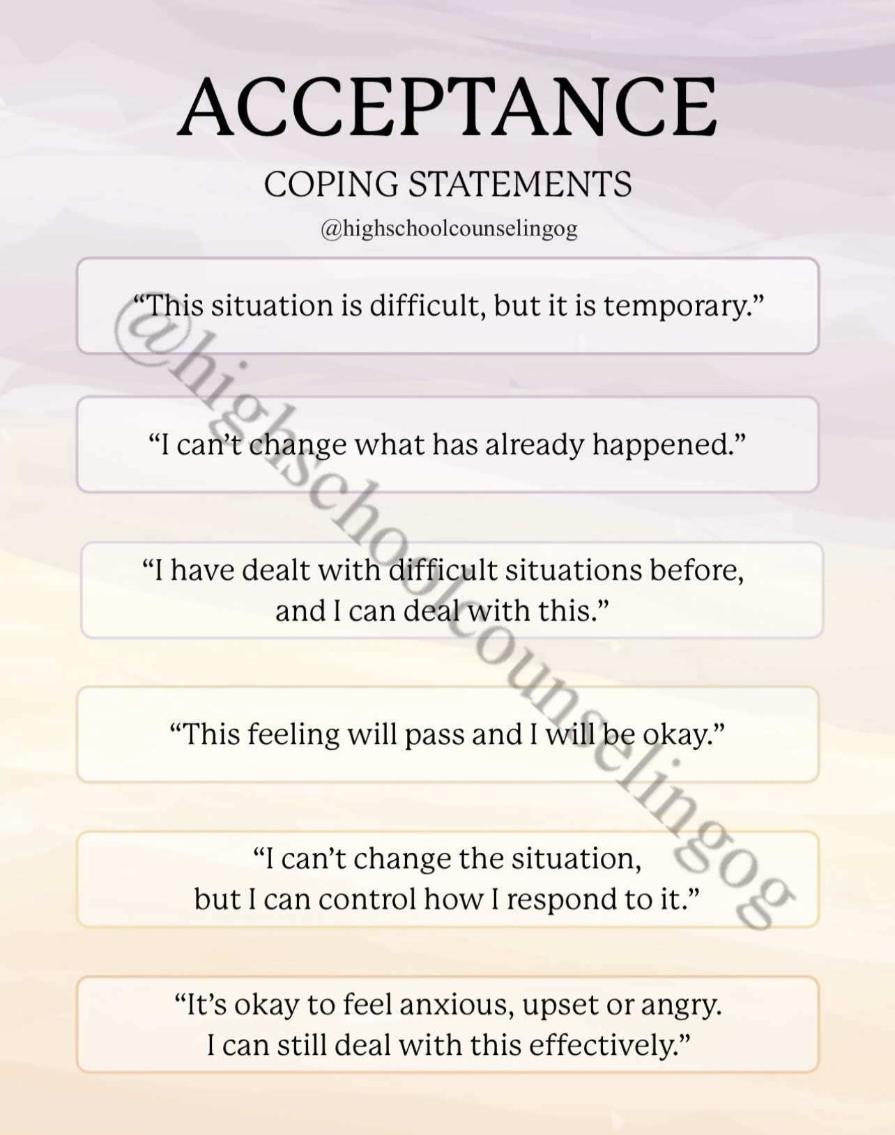 Acceptance Coping Statements Handout High School for School Counselors ...