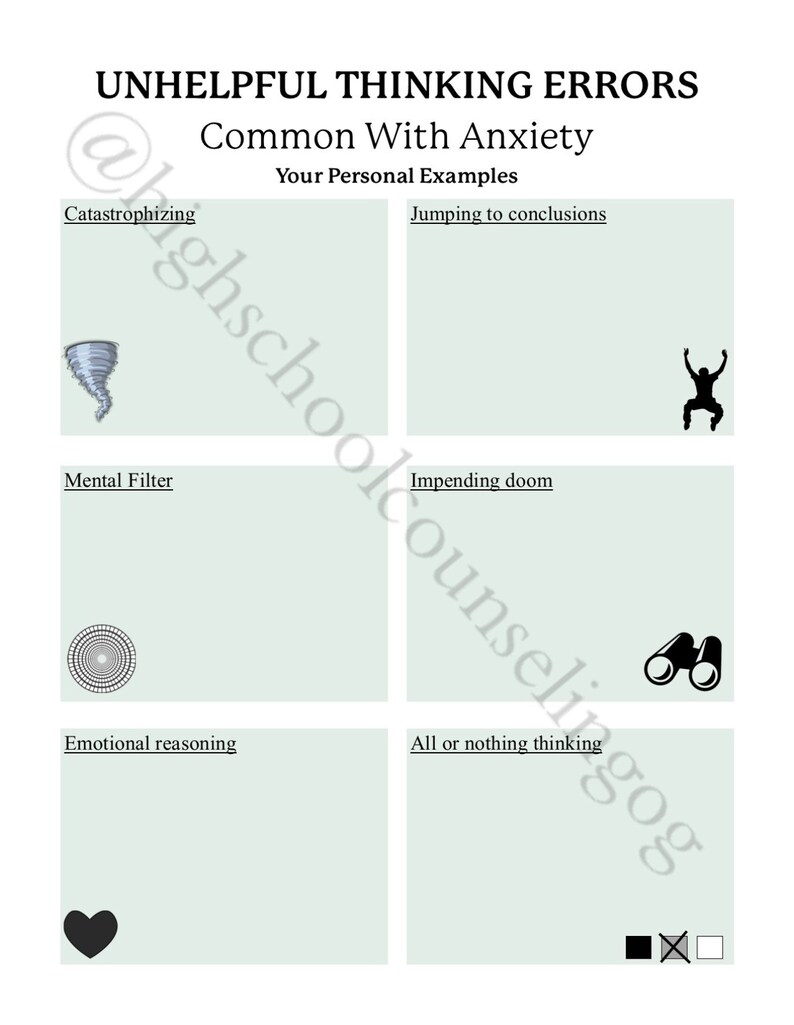 Unhelpful Thinking Errors Common With Anxiety Activity for High School ...