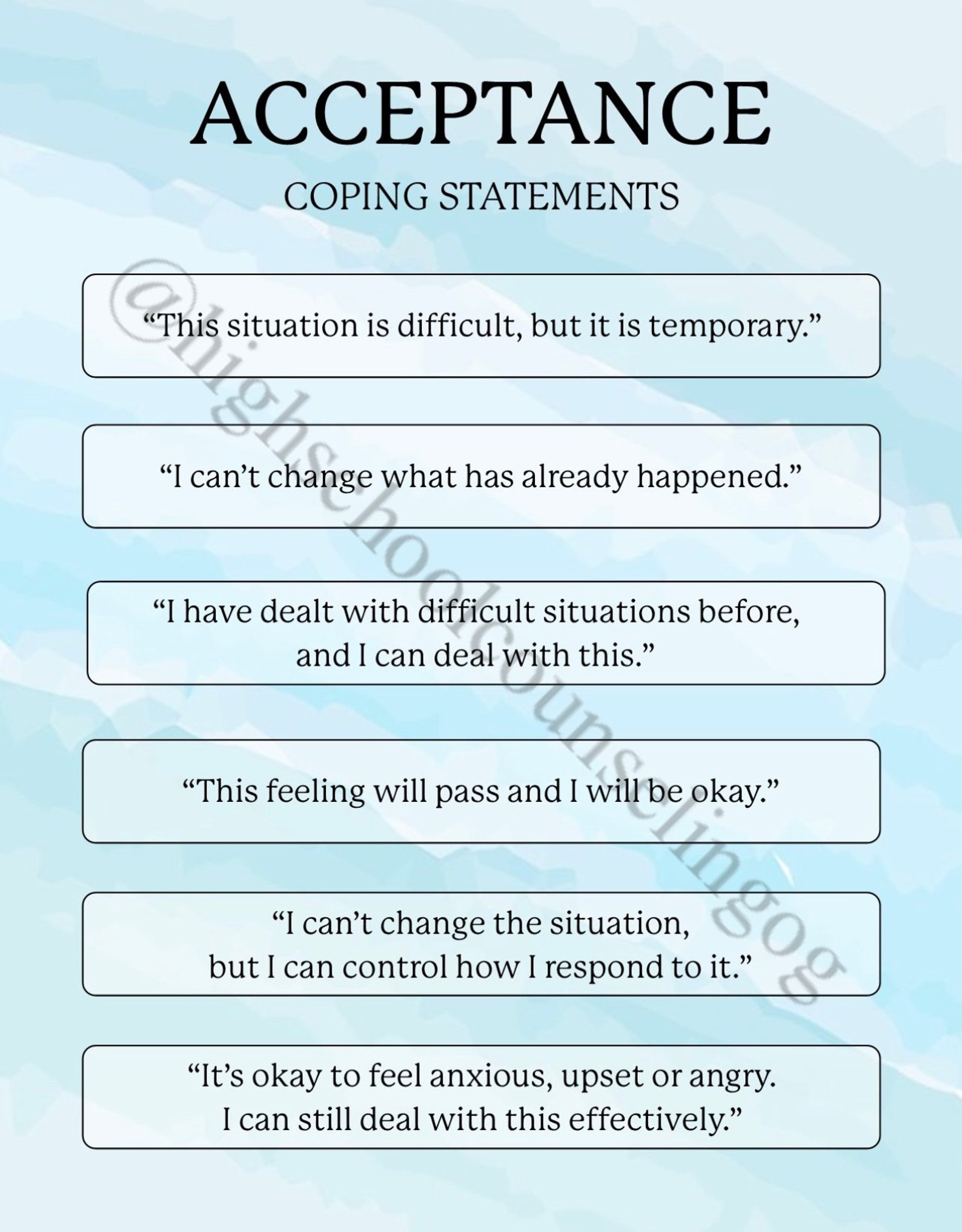 Acceptance Coping Statements Handout High School for School Counselors ...