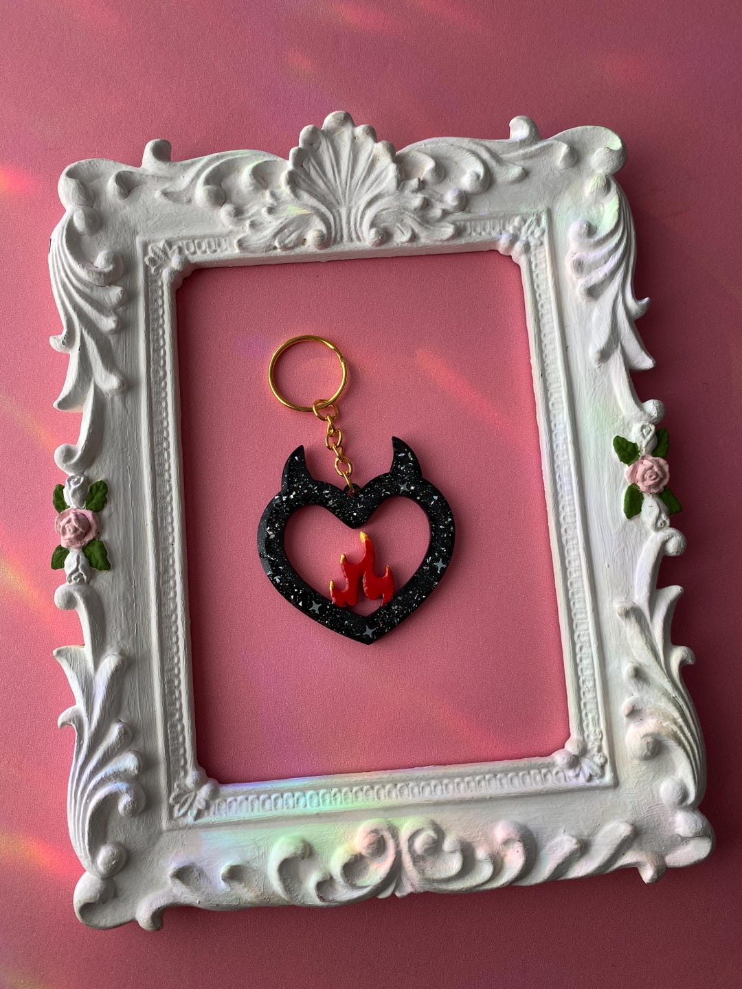 Glittery Heart Devil Flame Keychain - Etsy