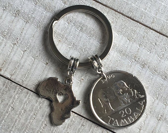 Africa Elephant Coin Keychain, Malawi, Africa Charm, Silver Keyring ...