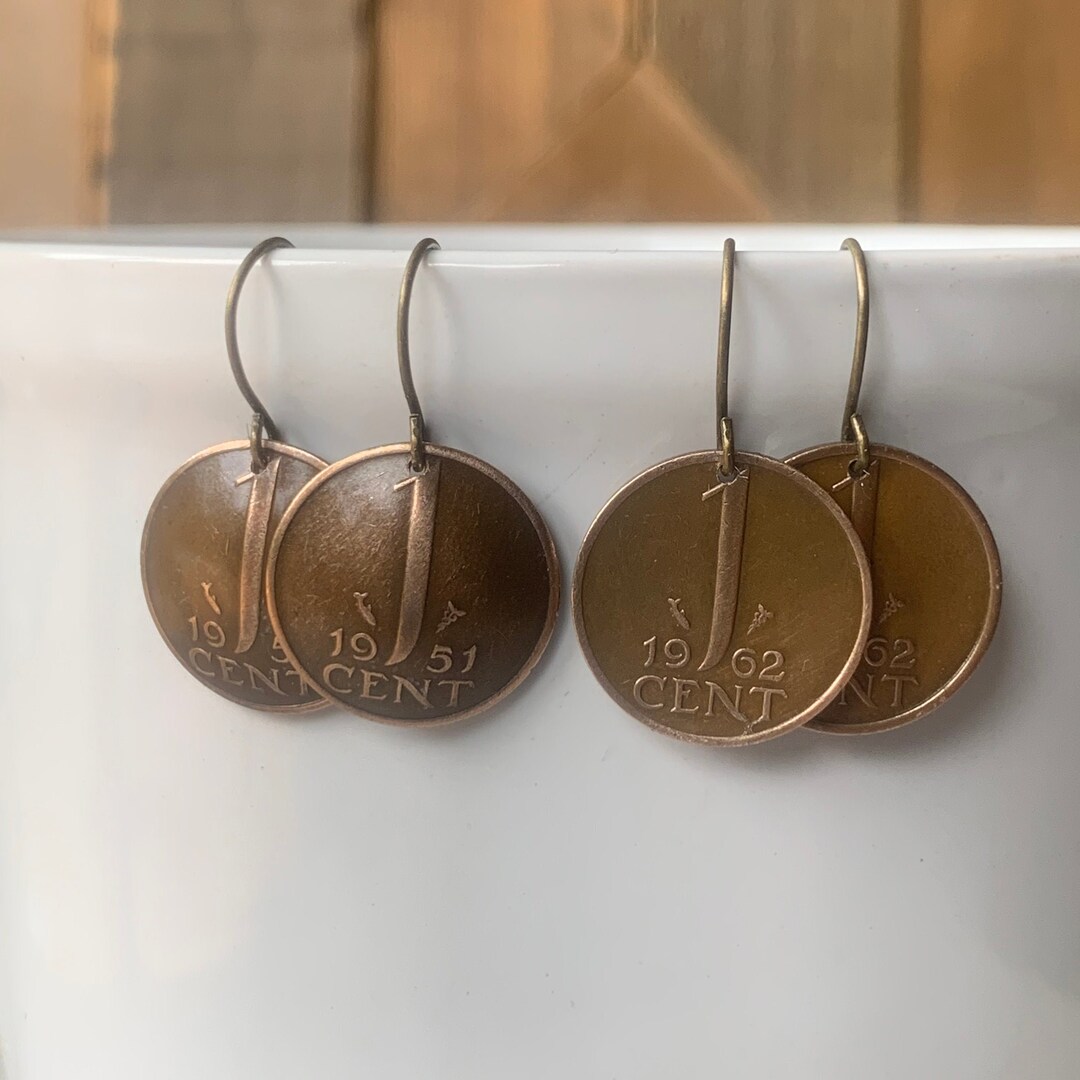 Vintage Netherlands Coin Earrings, Dutch 1 Cent Jewelry, Dangle Bronze ...