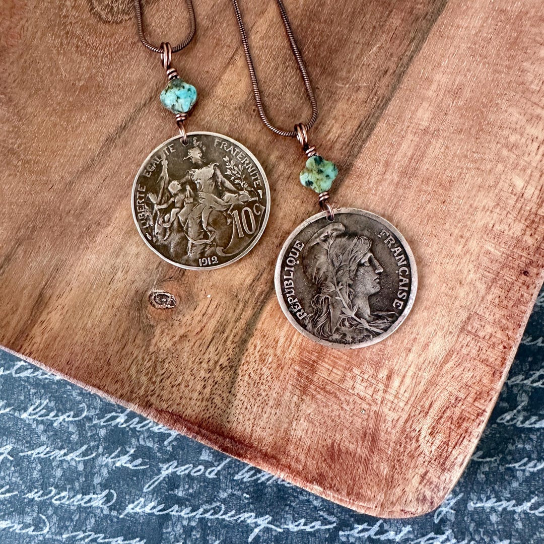 Vintage French Coin Pendant, Souvenir From France, Turquoise and Bronze ...