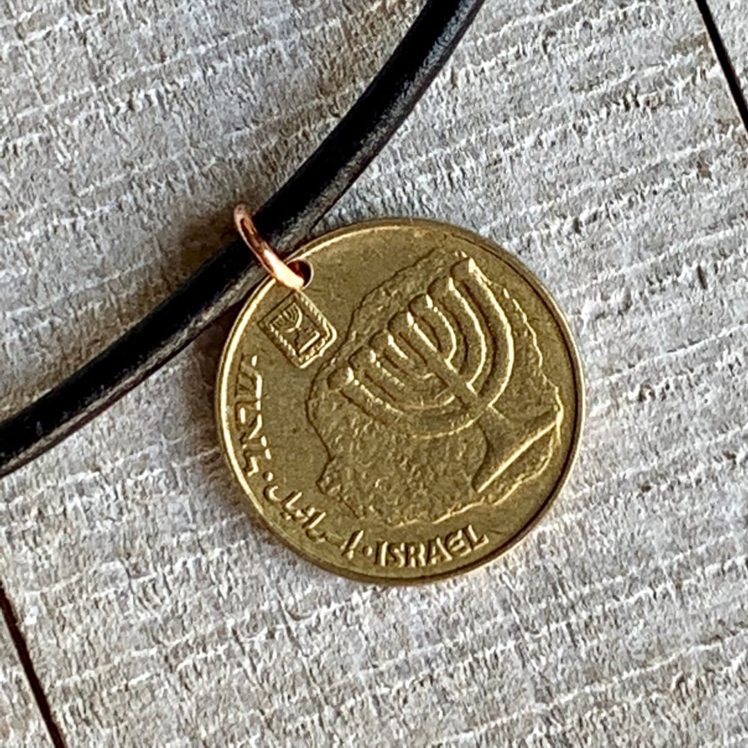 Israeli Coin Pendant Necklace, Jewish Menorah, Leather Choker - Etsy