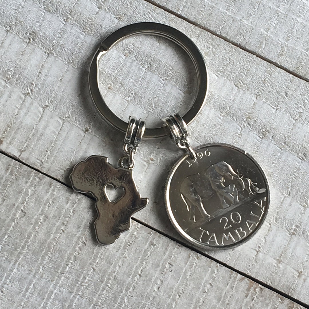 Africa Elephant Coin Keychain, Malawi, Africa Charm, Silver Keyring ...