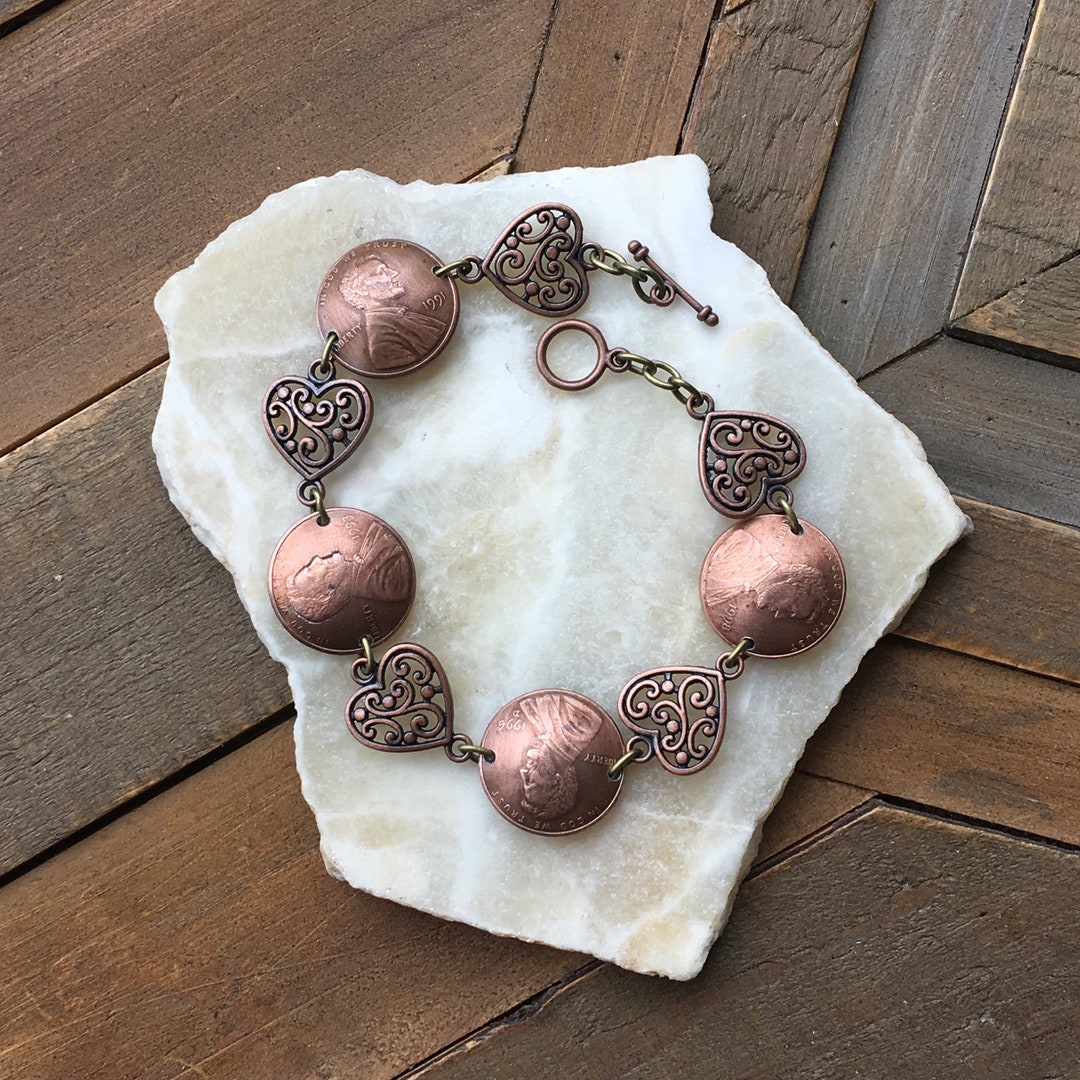 Personalized Penny Heart Bracelet, Birth Year Coin Jewelry - Etsy