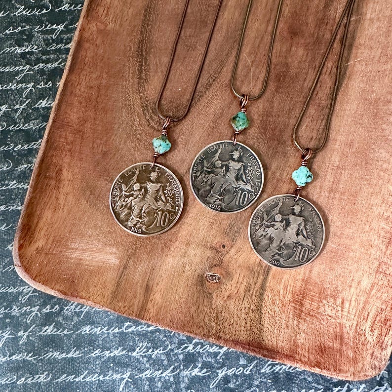 Vintage French Coin Pendant, Souvenir From France, Turquoise and Bronze ...