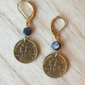 French Coin Earrings Shell Bead, Coin Jewelry, Souvenir Gift From ...