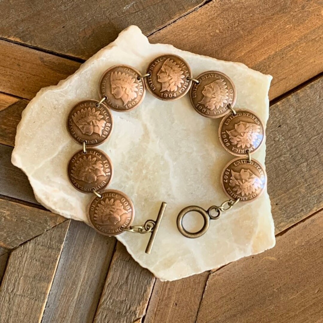 Vintage Indian Head Penny Bracelet, Antique Copper Coin Jewelry, USA ...