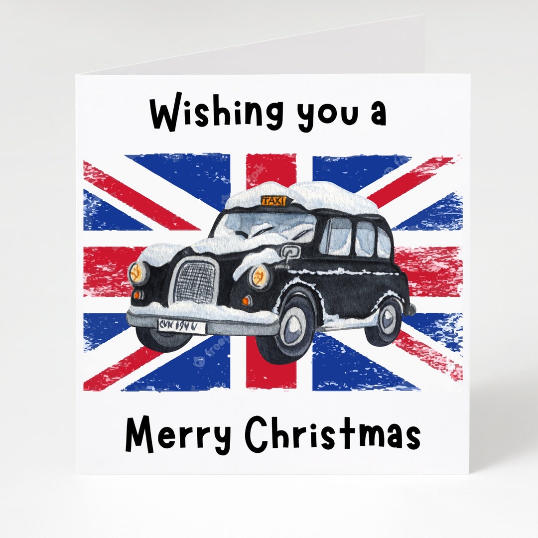 London Black Cab Union Flag Christmas Card, London Theme Christmas Card ...