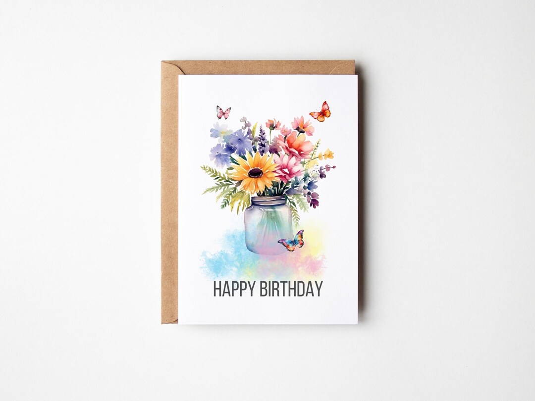 Floral Happy Birthday Greeting Card Blank Inside Flowers in - Etsy