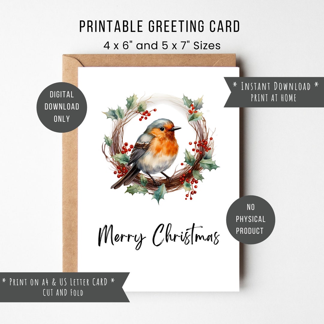 Printable Christmas Card, Robin on Wreath Greeting Card, Digital ...