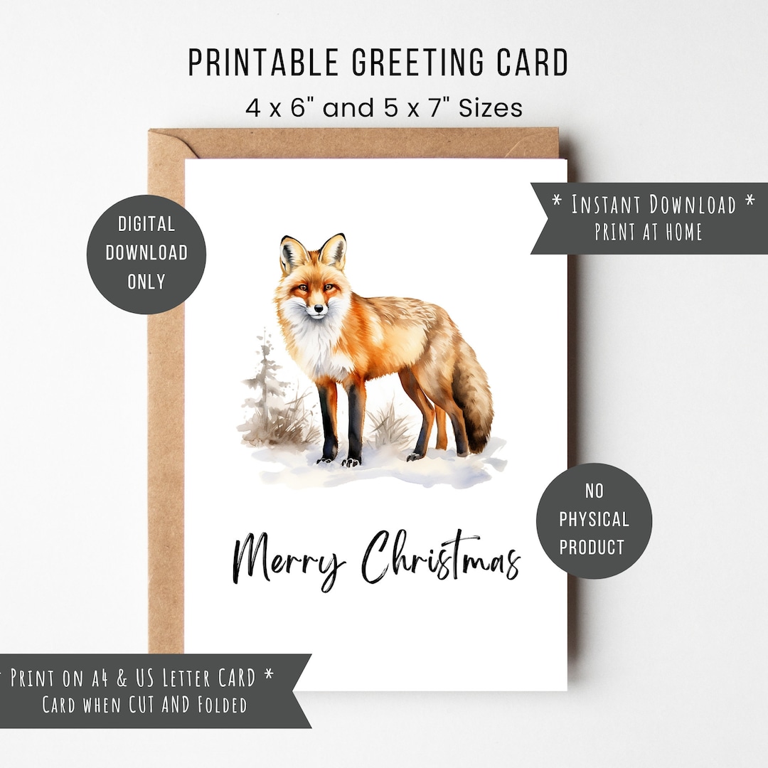 Printable Christmas Card Fox Christmas Greeting Card Digital - Etsy