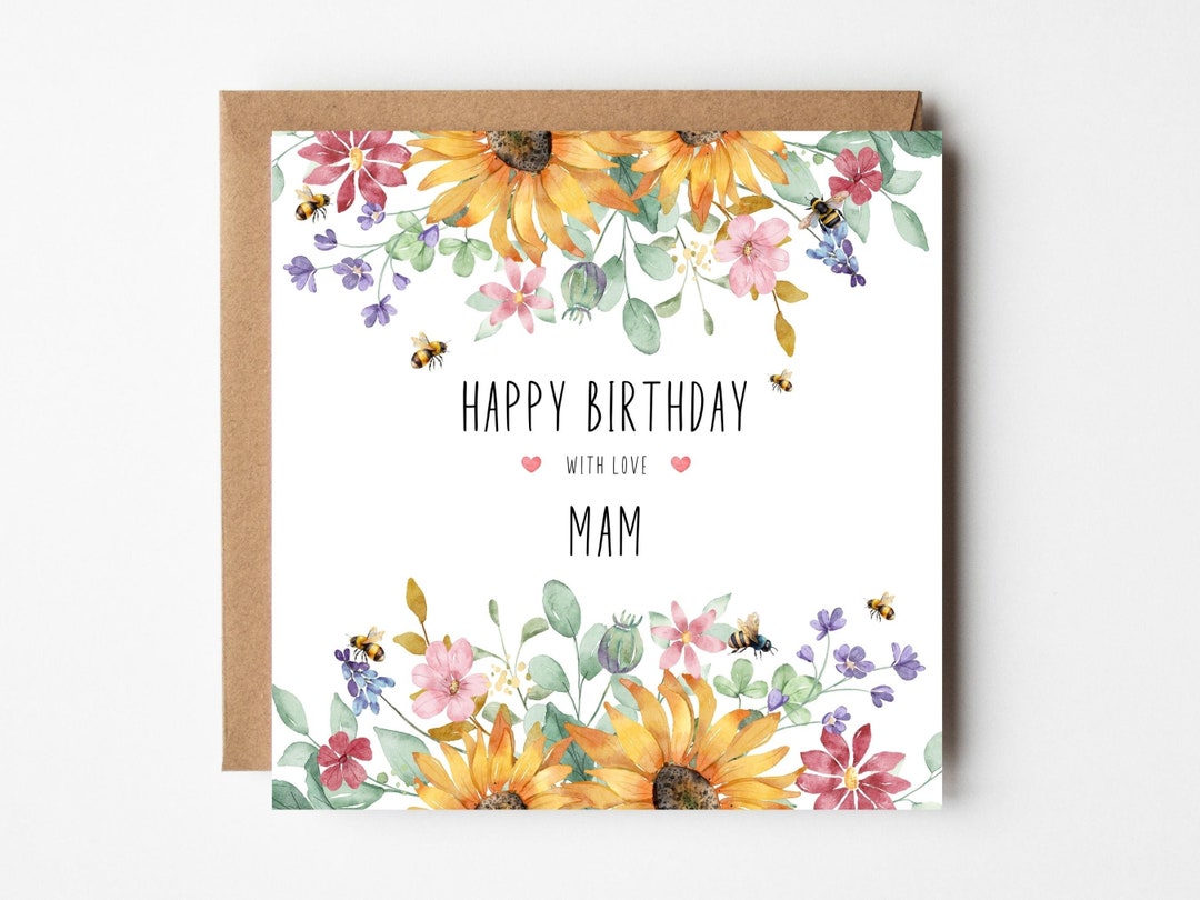 Mam Birthday Card, Happy Birthday With Love Mam, Modern Floral Card ...