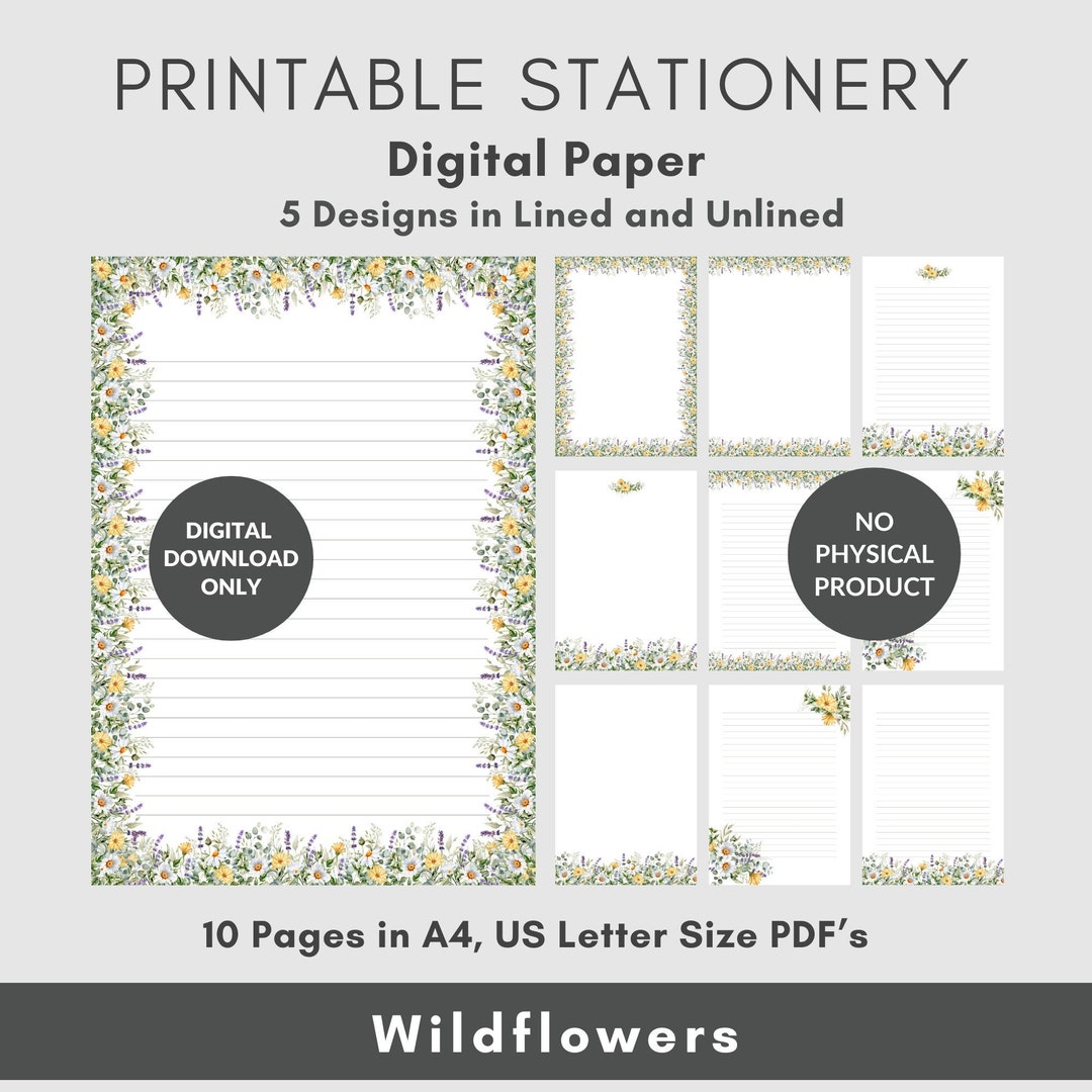 Wildflowers Printable Stationery Set Floral Digital Papers 5 - Etsy