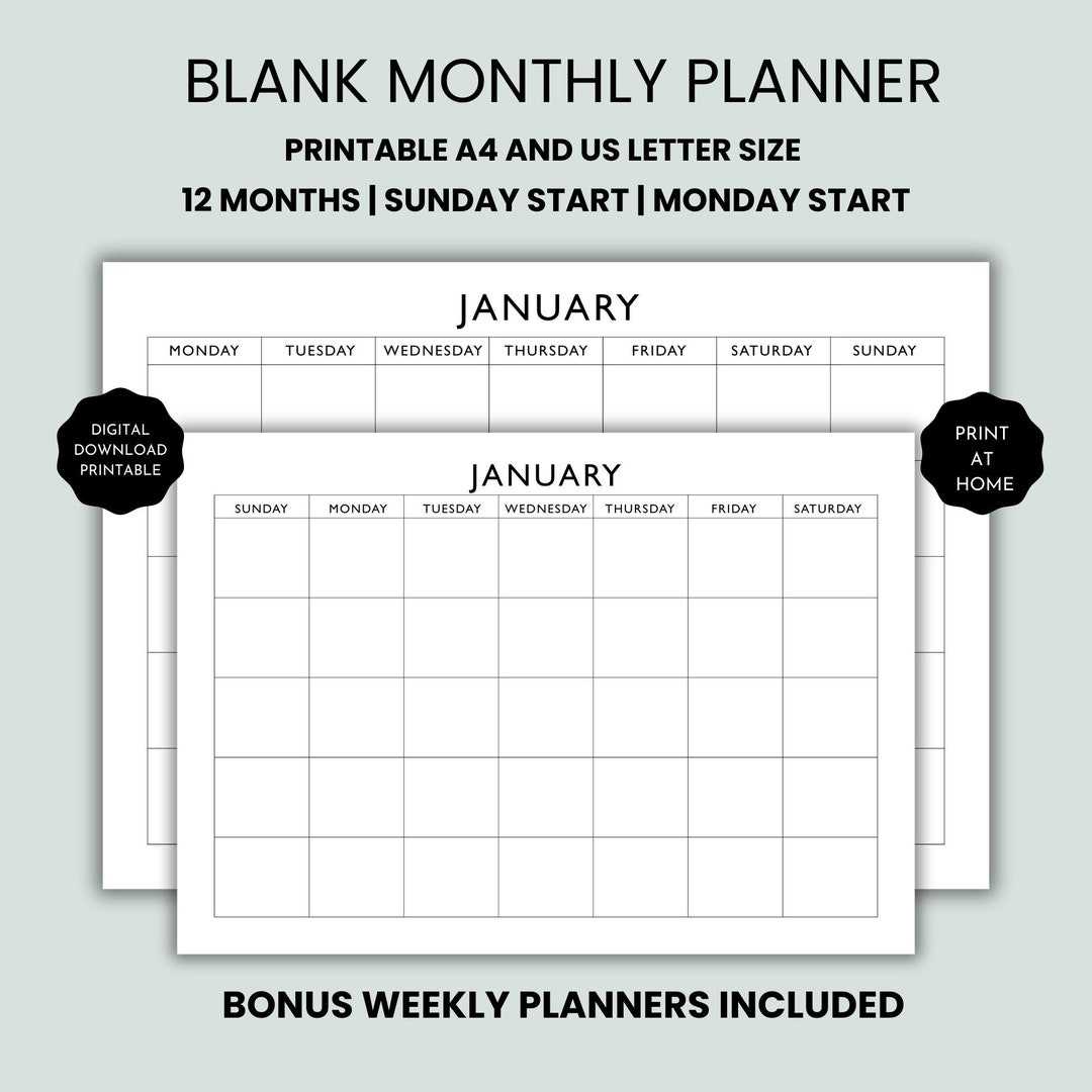 Undated Monthly Planner Printable Monthly Calendar Pages Sunday Monday ...