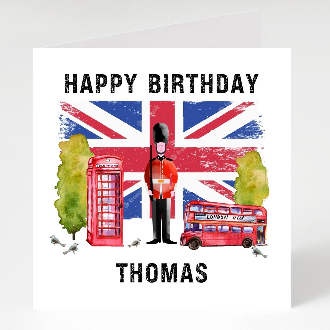 London Birthday Card, Custom Name Happy Birthday Union Jack and London ...