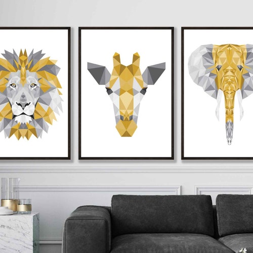 GEOMETRIC Set of 3 YELLOW & Grey Art Prints STAG Antlers and - Etsy