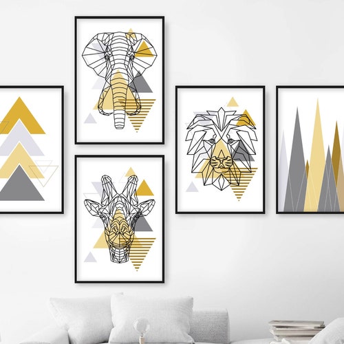 GEOMETRIC Set of 3 YELLOW & Grey Art Prints Tropical LEAVES | Etsy