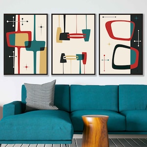 Set of 3 Mid Century Modern Shapes Wall Art Prints in Red, Yellow, Teal ...