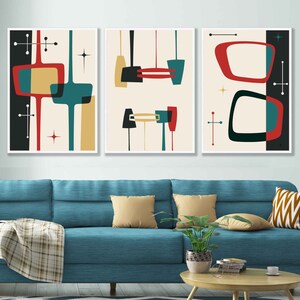Set of 3 Mid Century Modern Shapes Wall Art Prints in Red, Yellow, Teal ...