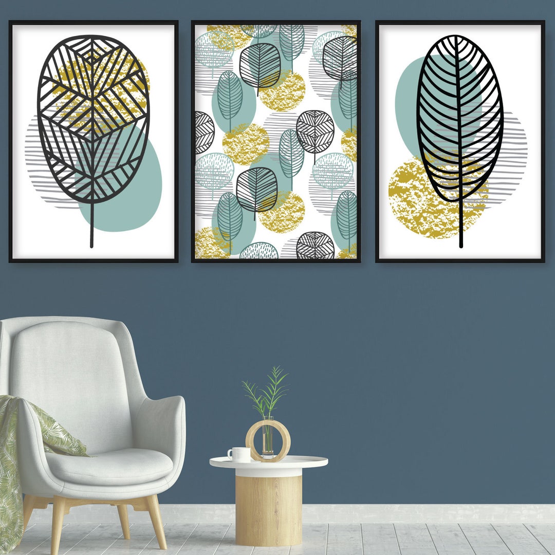 GEOMETRIC Set of 3 Blue Green, Mid Century Modern Yellow & Grey Line ...