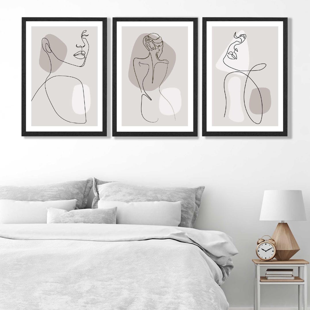 Set of 3 Abstract Wall Art Beige Female Line Framed Art Prints ...