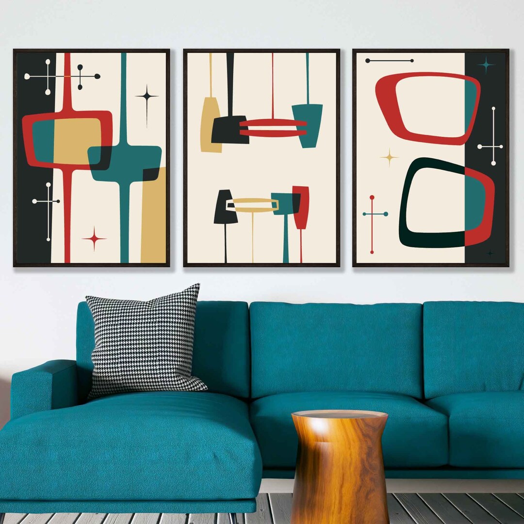 Set of 3 Mid Century Modern Shapes Wall Art Prints in Red, Yellow, Teal ...